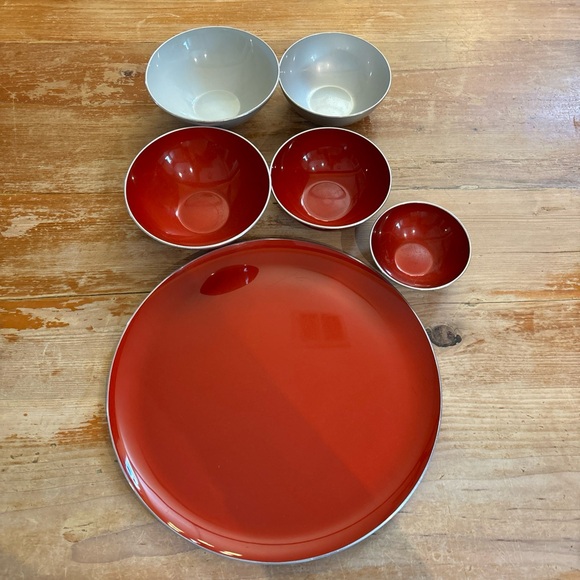 Dining | Vintage Mid Century Modern Metal Serving Set Red Silver ...